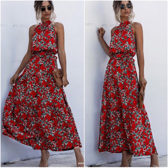 Bellanblue Dresses Boho Red Floral Print Halter Belted Maxi Dress